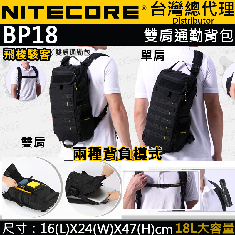 NITECORE BP18 雙肩通勤包 高強度 輕量化 快拆 單肩 500D 耐水 抗汙 MOLLE 710克 電筒王 www.wii.tw